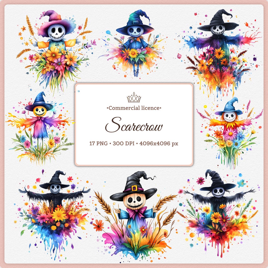 Watercolor Scarecrow Clipart, Rainbow Floral Fall PNG, Cute Halloween ...