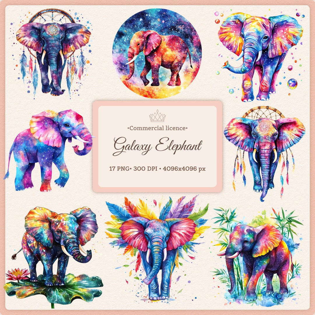 Boho Galaxy Elephant Clipart Spiritual Watercolor Animal PNG Bundle ...