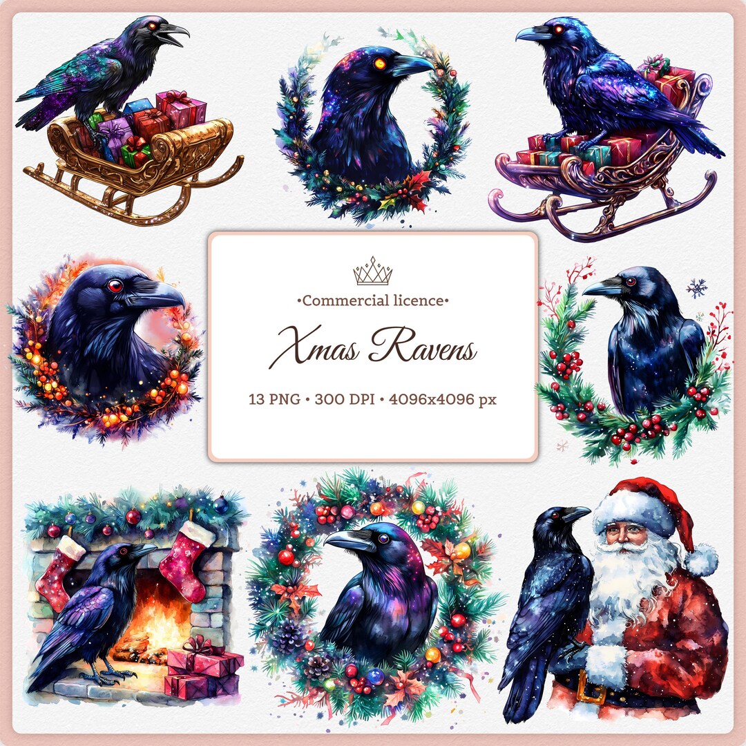 Xmas Ravens Clipart | Wreath Raven Art | Festive Crow PNG Bundle | Dark ...