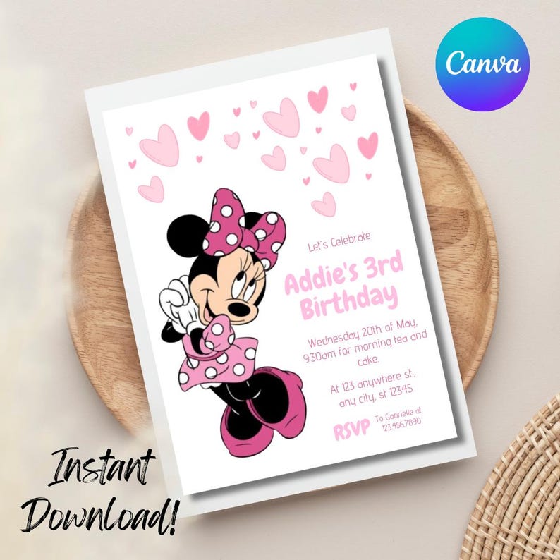 Minnie Mouse 3rd Birthday Invitation – Editable Digital Template ...