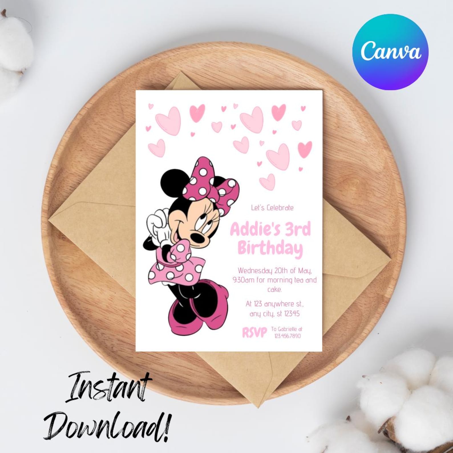 Minnie Mouse 3rd Birthday Invitation – Editable Digital Template ...