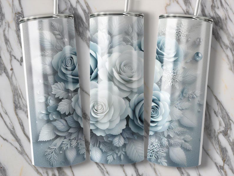 3D Floral Tumbler Wrap: White & Blue Rose Design (digital Download) - Etsy