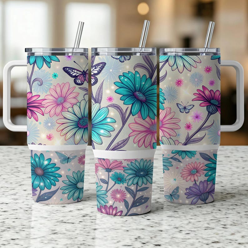 Floral Butterfly 40oz Tumbler Wrap Digital Download File, Daisy Flower ...