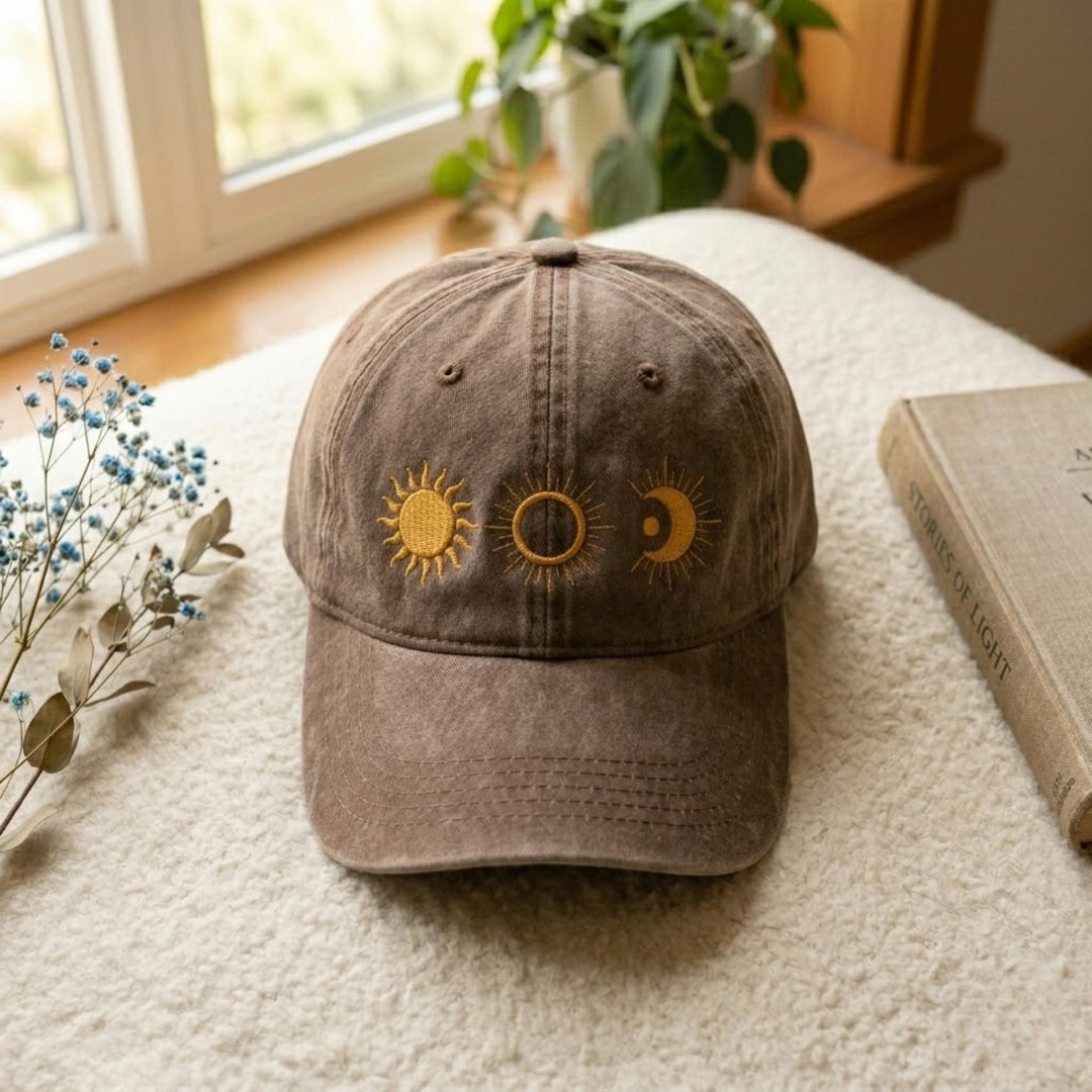 Washed Cotton Sun Moon Eclipse Embroidered Cap, Celestial Boho Hat - Etsy