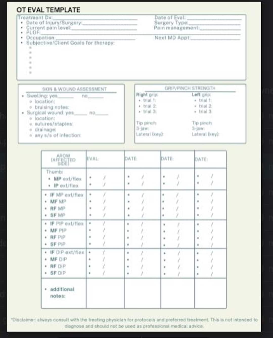 Hand Therapy Eval Template (template for ROM, MMT, Grip/pinch, Wounds ...