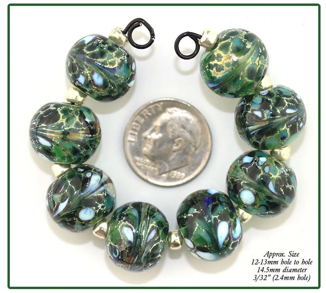 Lampwork Bead Set, 6 Silvered Green and White Glass Round Lampwork ...