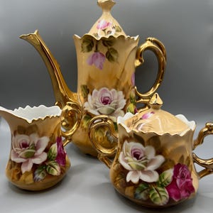 Vintage Lefton Pink Roses and Gold Coffee Pot Set Lefton Floral Fine ...