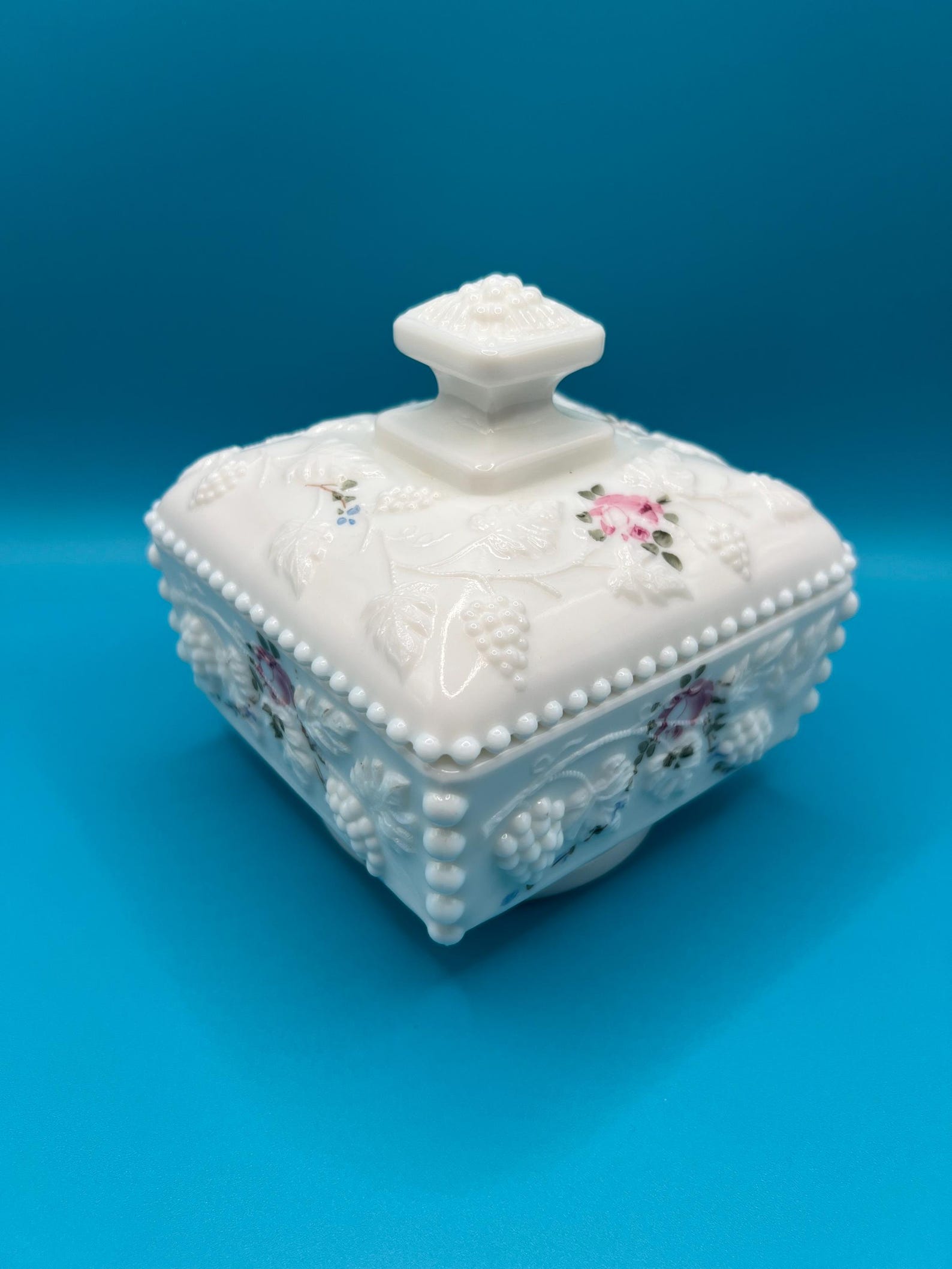 Vintage Westmoreland Roses and Bows Honey Bowl and Lid Floral Candy ...