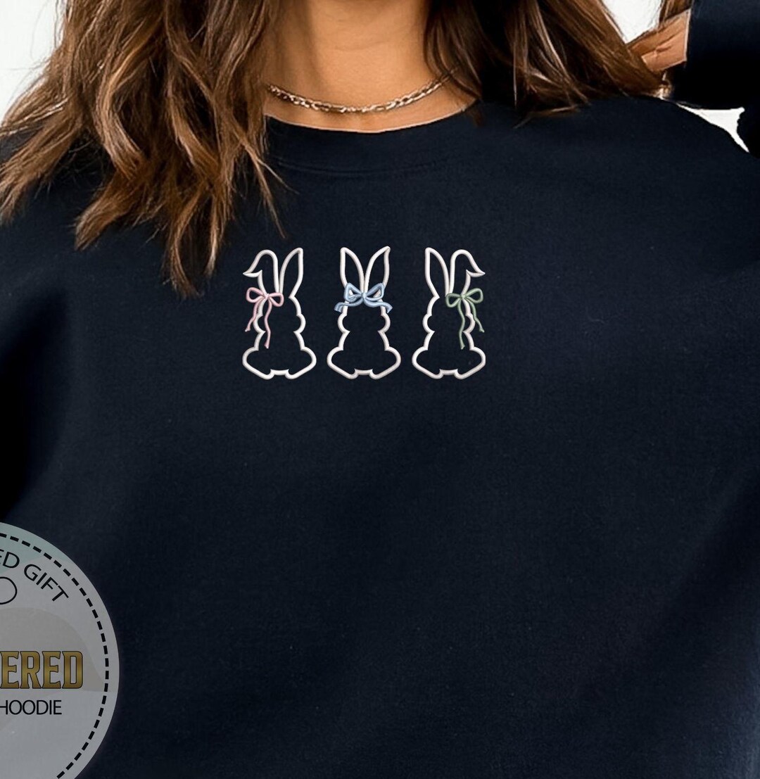 Embroidery Bunny Sweatshirt, Embroidery Peeps Hoodie, Rabbit Ribbon ...