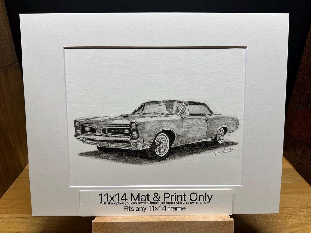 1966 Pontiac GTO Car Graphite Pencil Art Sketch Drawing Print Picture ...