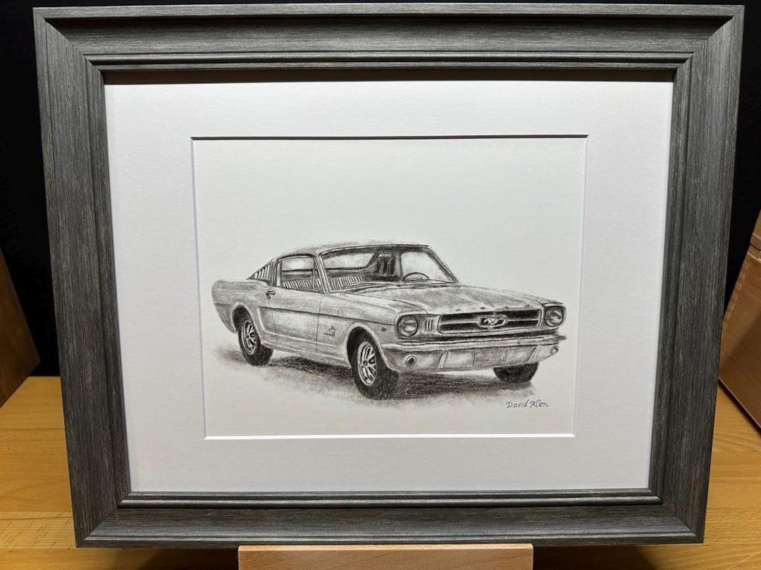 1965 Ford Mustang Fastback Car Graphite Pencil Art Sketch Drawing Print ...