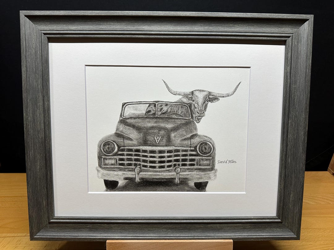 Longhorn Bull Cow Driving a Cadillac Car Pencil Art Sketch Drawing ...