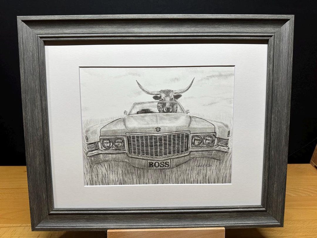 Longhorn Bull Cow Driving a Cadillac Car Pencil Art Sketch Drawing ...