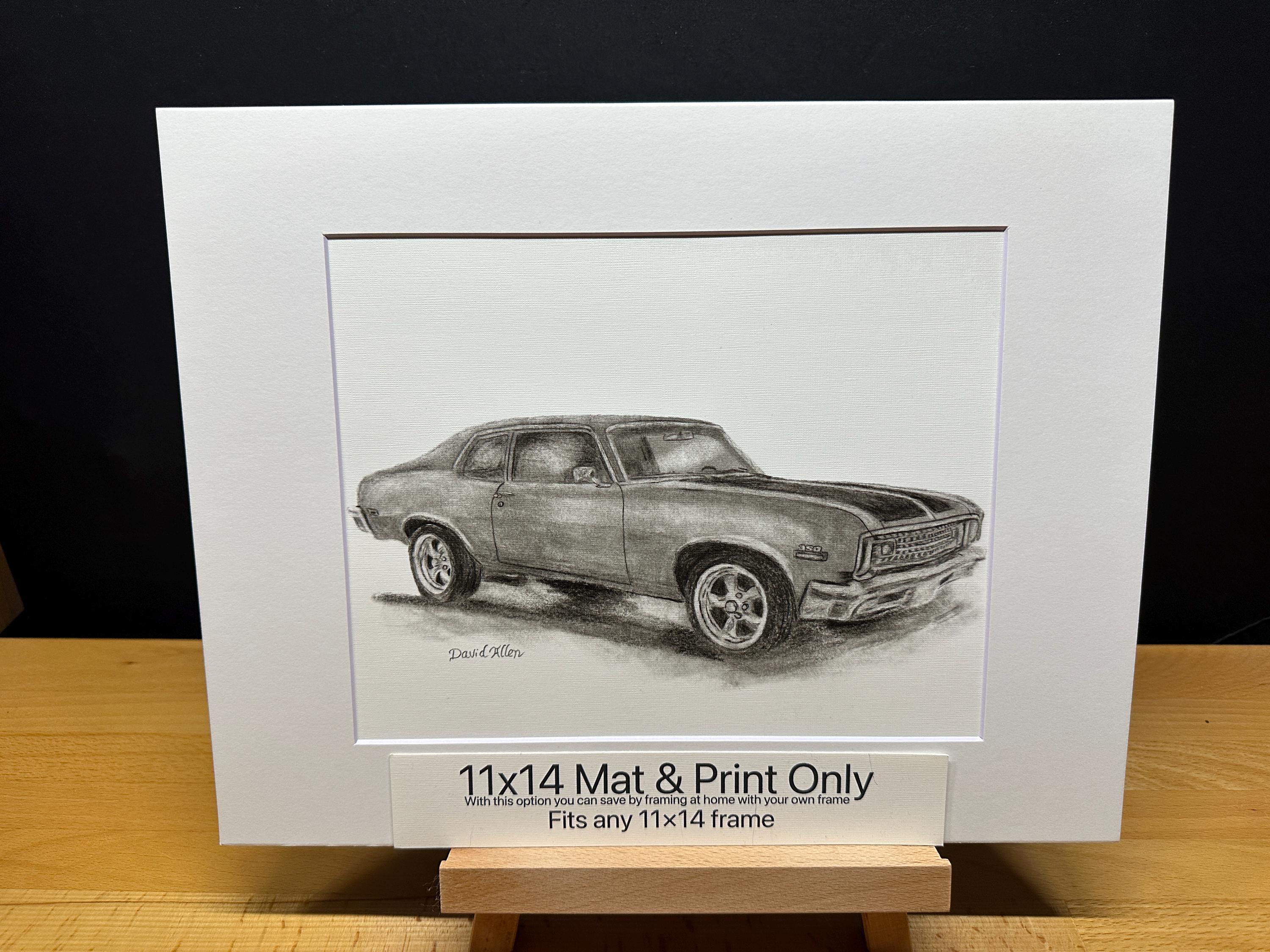 1973 Chevy Chevrolet Nova Car Graphite Pencil Art Sketch Drawing Print ...