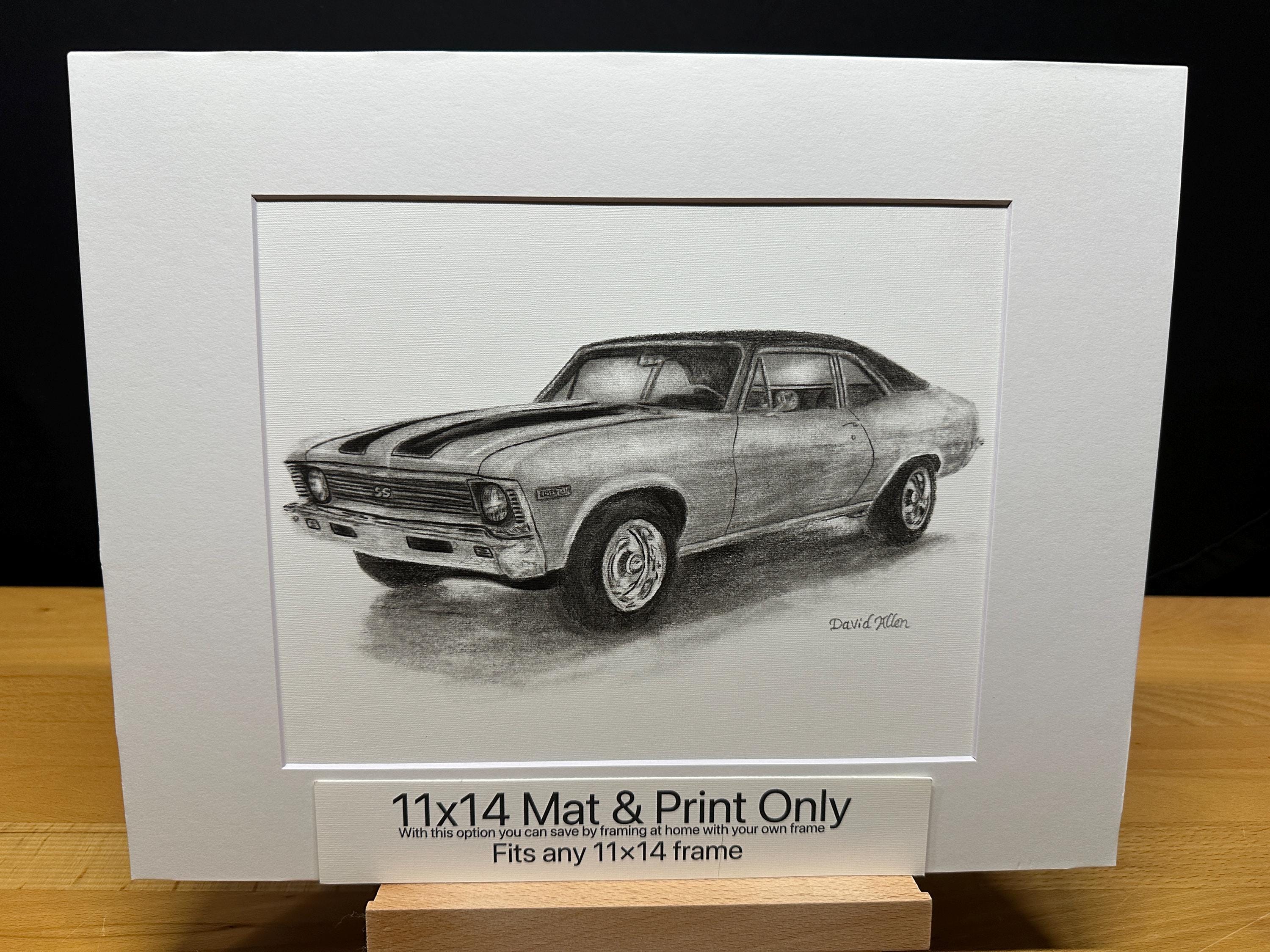 1968 Chevy Chevrolet Nova Car Graphite Pencil Art Sketch Drawing Print ...