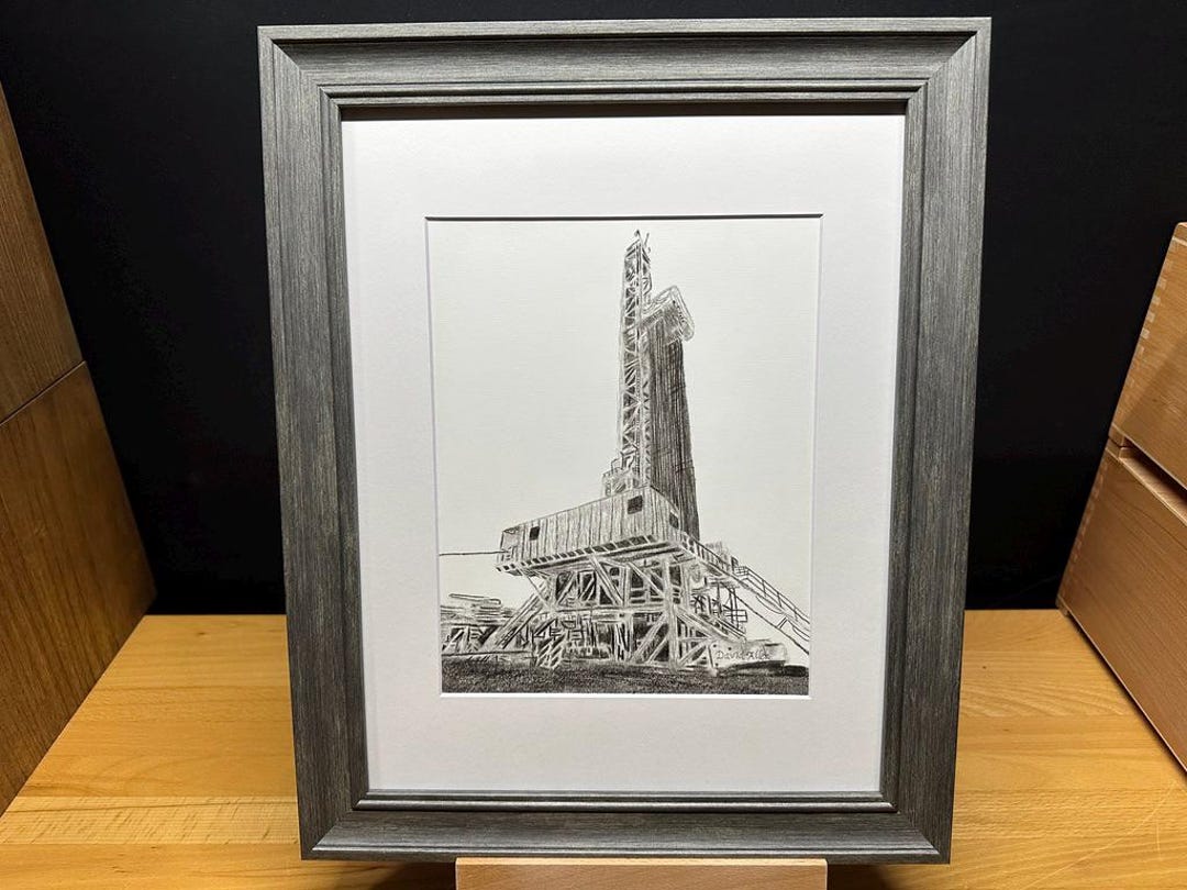 Oilfield Oil Gas Drilling Rig Graphite Pencil Art Sketch Drawing Print ...