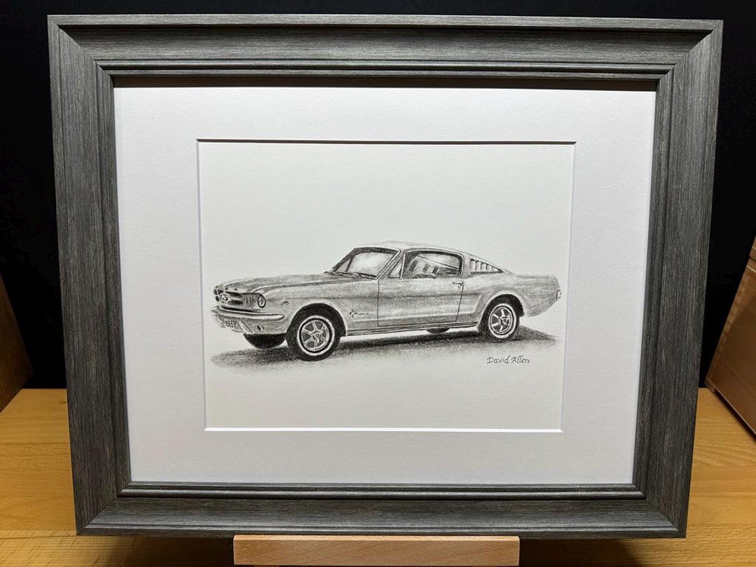 1965 Ford Mustang Fastback Car Graphite Pencil Art Sketch Drawing Print ...