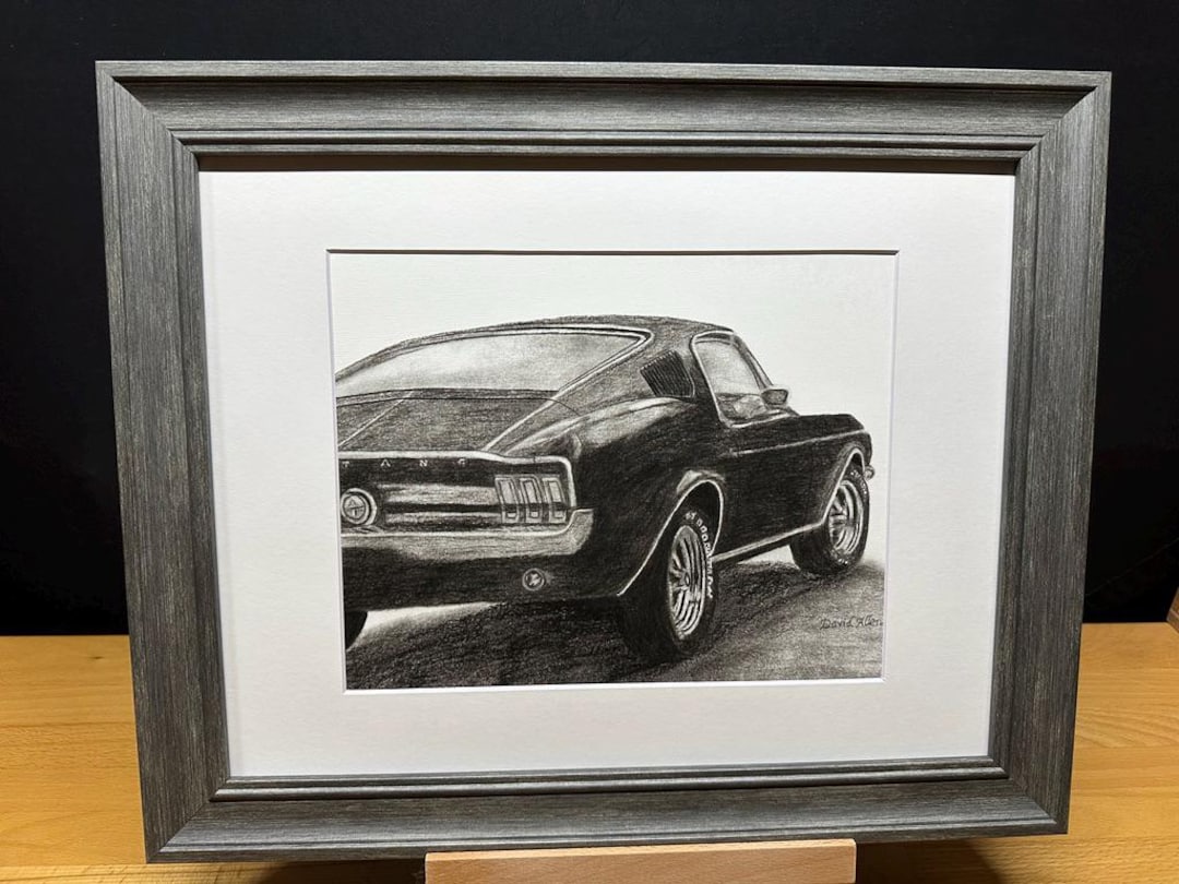 Ford Mustang Fastback Car Graphite Pencil Art Sketch Drawing Print ...