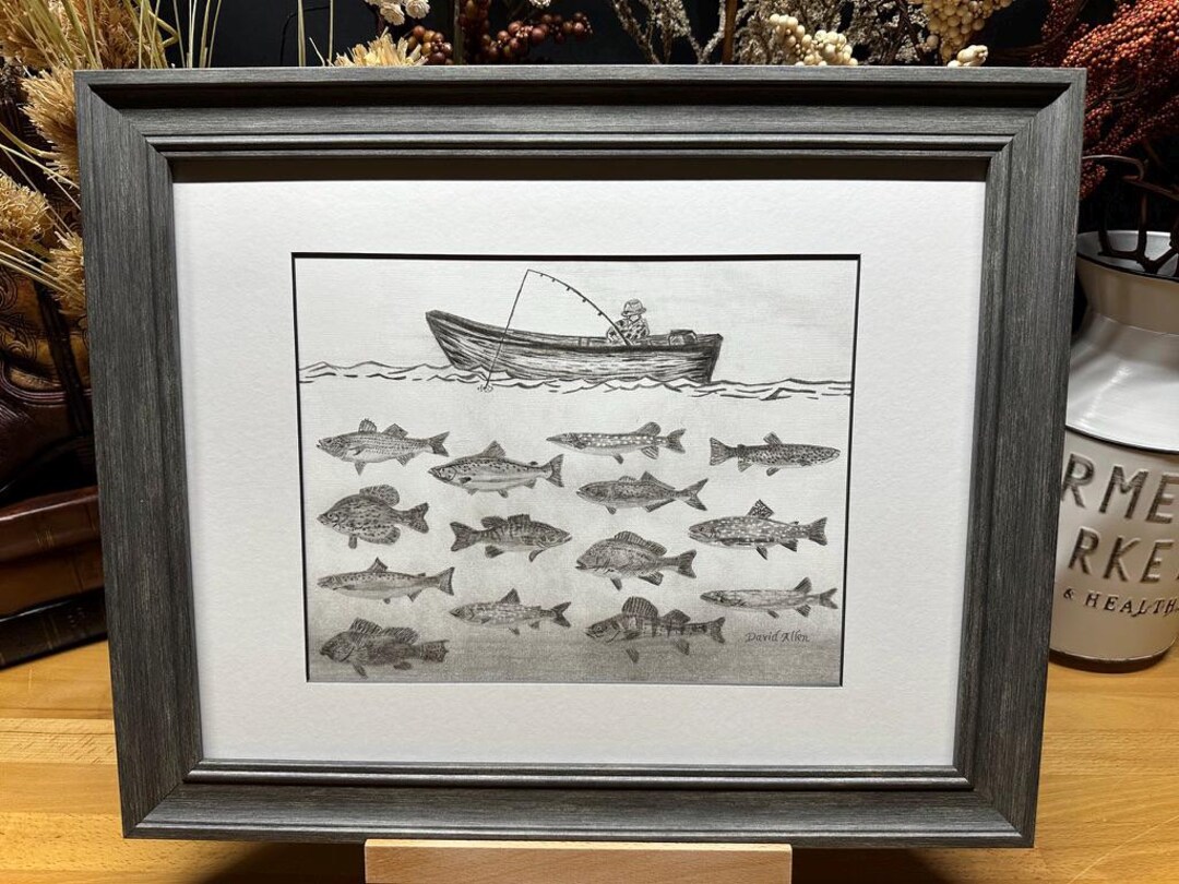 Fishing Fish Boat Graphite Pencil Art Sketch Drawing Print Picture ...
