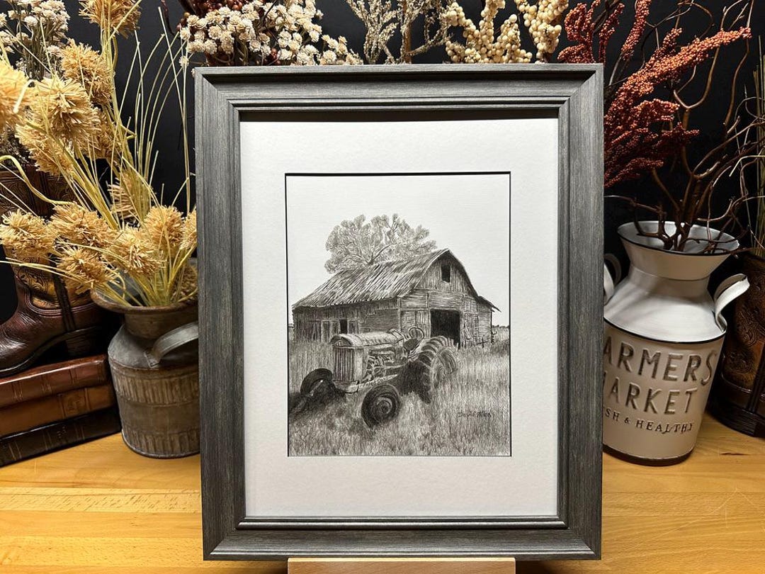 Old Tractor Barn Farm Ranch Farming Graphite Pencil Art Sketch Drawing ...