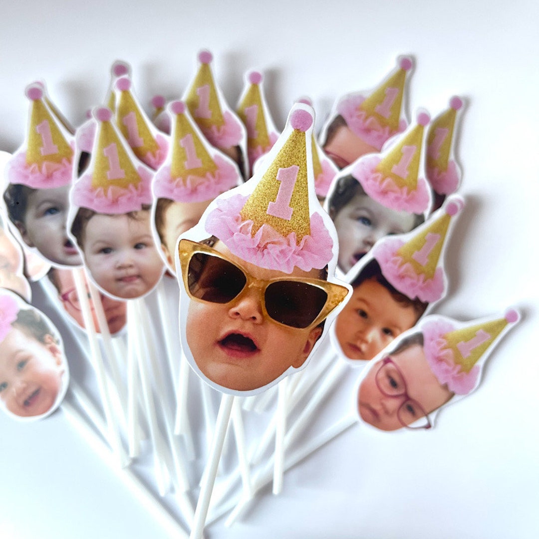 Custom Baby Photo Cupcake Toppers, Baby Face Party Hat Cupcake Toppers ...