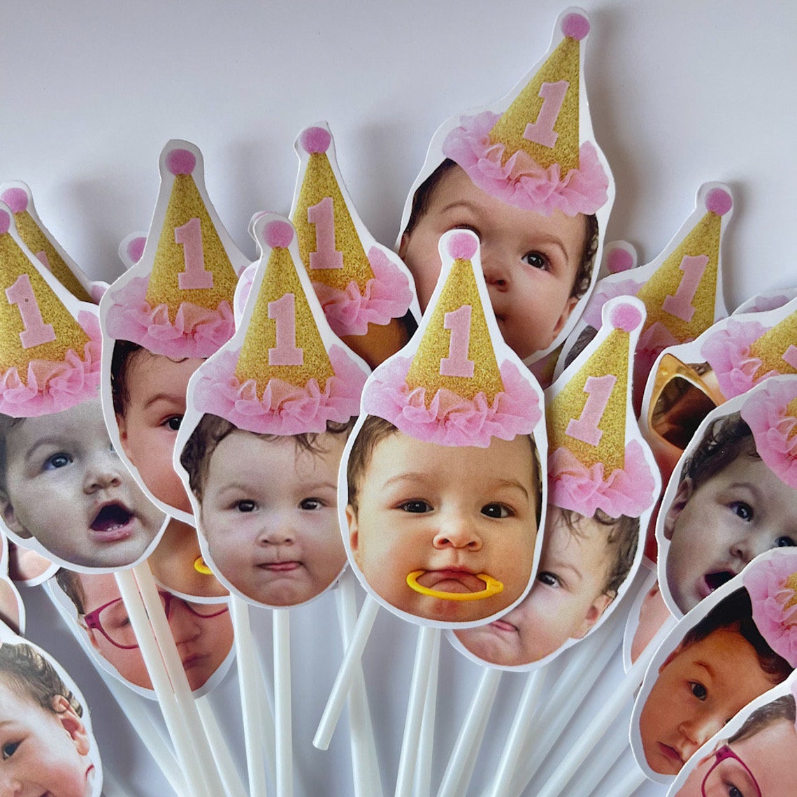 Custom Baby Photo Cupcake Toppers, Baby Face Party Hat Cupcake Toppers ...