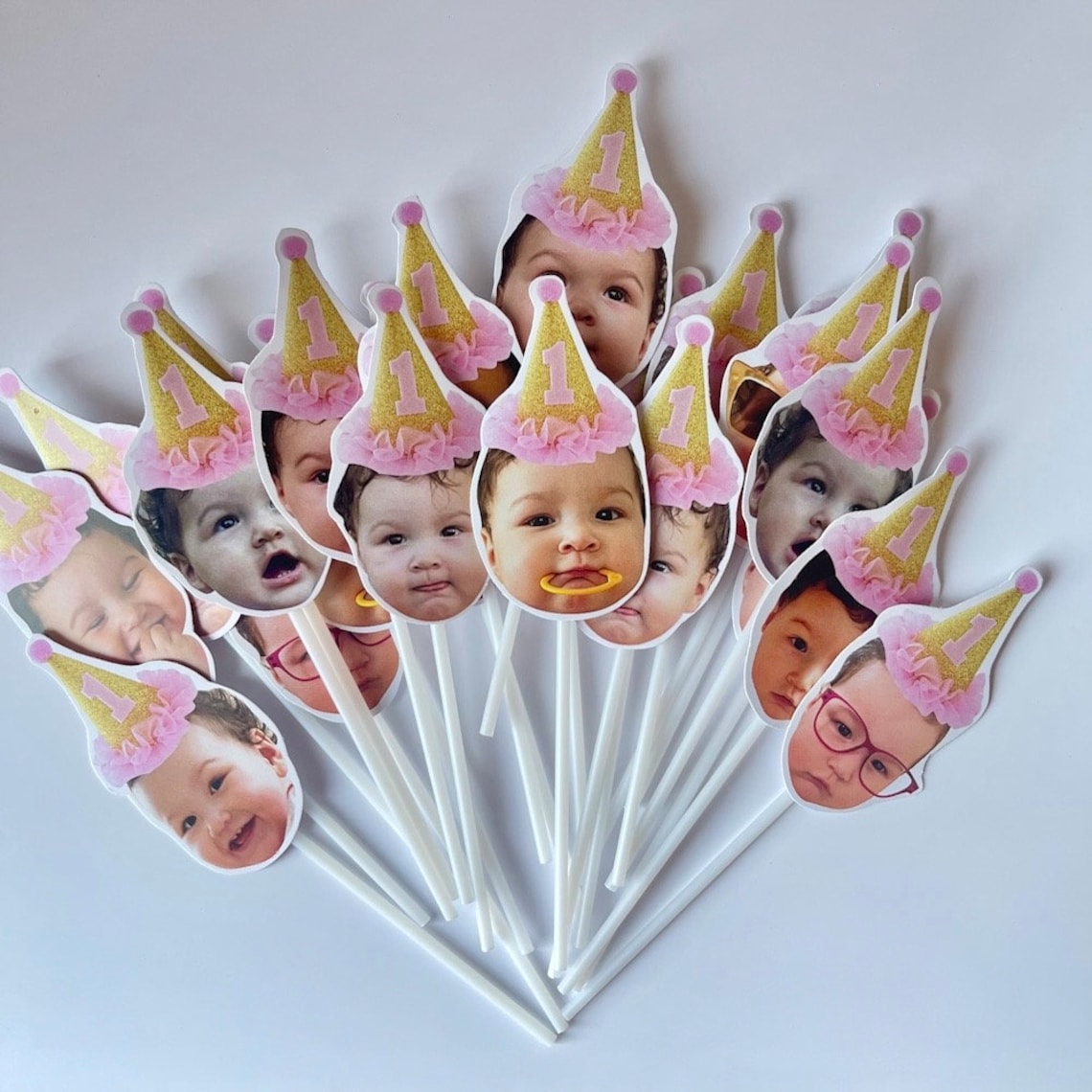 Custom Baby Photo Cupcake Toppers, Baby Face Party Hat Cupcake Toppers ...