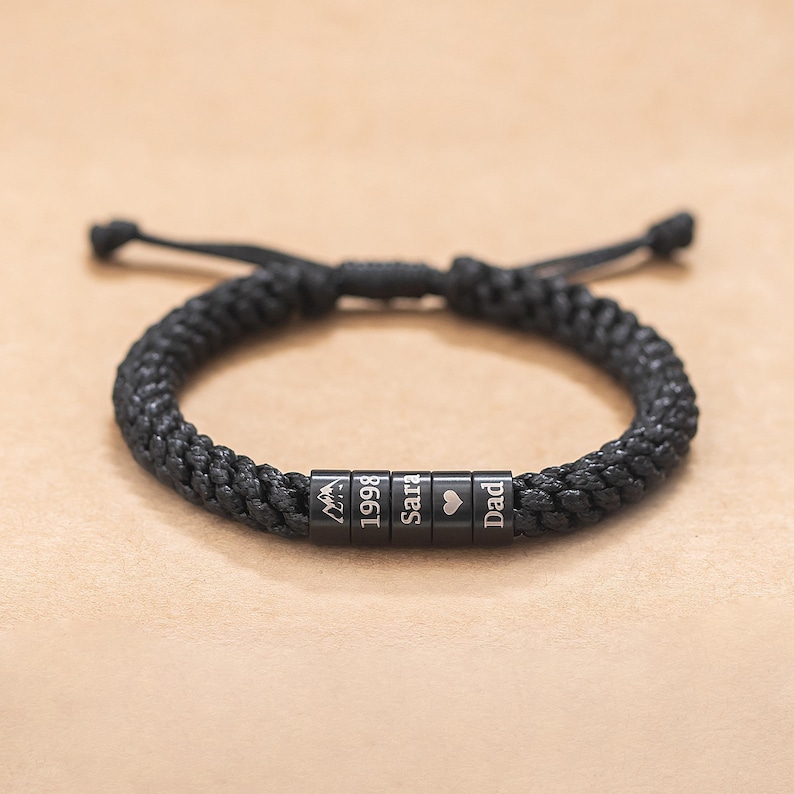 Personalized Braided Leather Men's Bracelet, Custom Engraved Name Beads ...