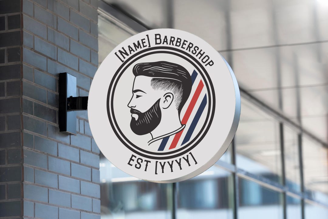 Minimal Barber Shop Logo Template With Barbers Pole - Head Outline Skin ...