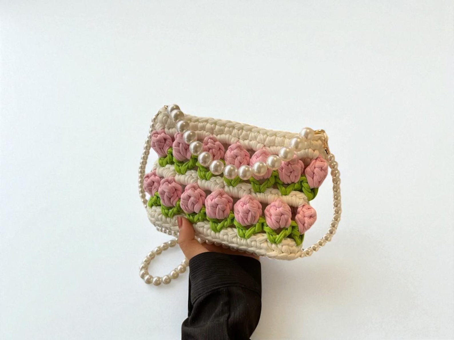 Tulip Flower Woven Bag: Pearl Handle Cotton Shoulder Purse - Etsy