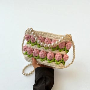 Tulip Flower Woven Bag: Pearl Handle Cotton Shoulder Purse - Etsy