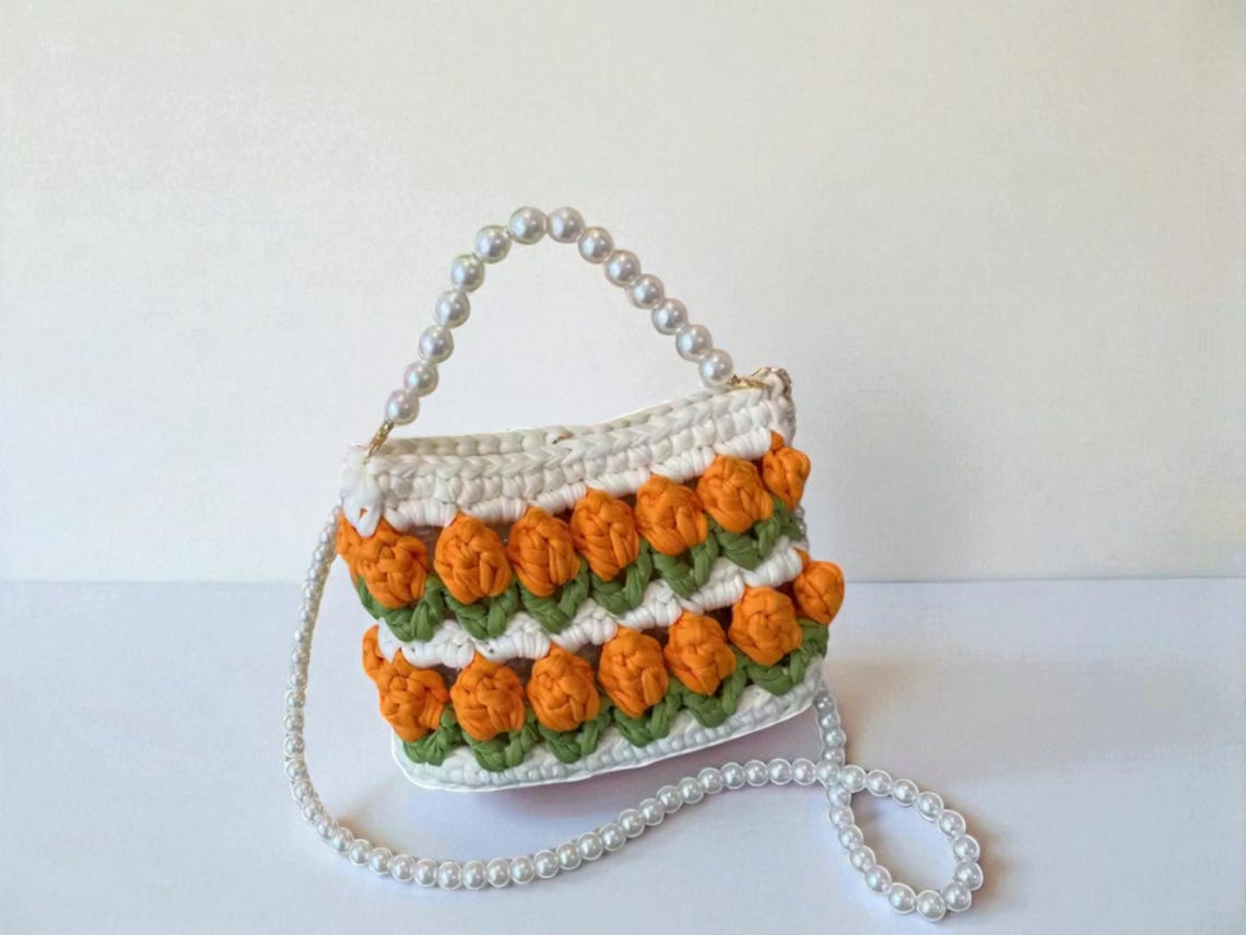 Tulip Flower Woven Bag: Pearl Handle Cotton Shoulder Purse - Etsy