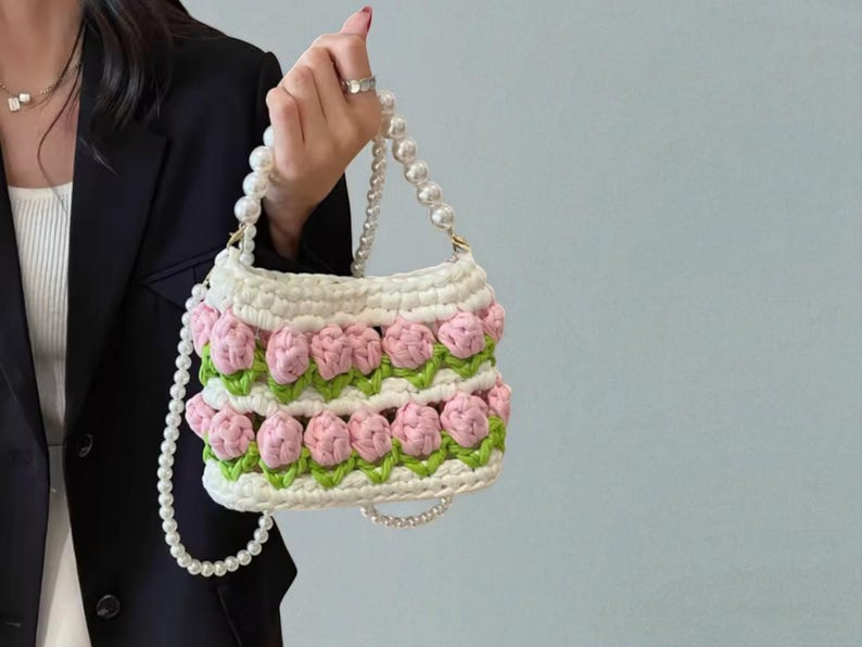 Tulip Flower Woven Bag: Pearl Handle Cotton Shoulder Purse - Etsy