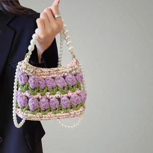 Tulip Flower Woven Bag: Pearl Handle Cotton Shoulder Purse - Etsy