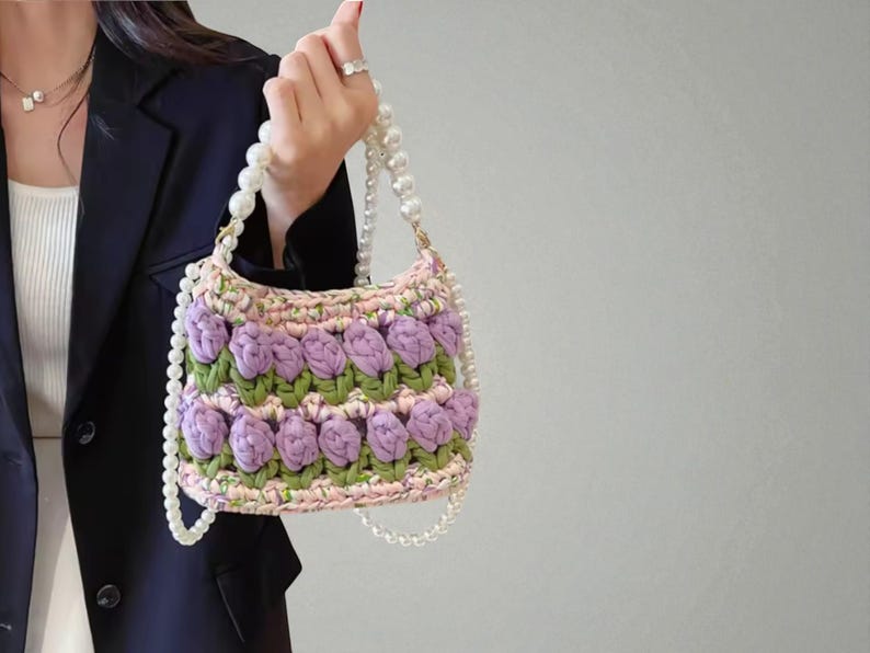 Tulip Flower Woven Bag: Pearl Handle Cotton Shoulder Purse - Etsy
