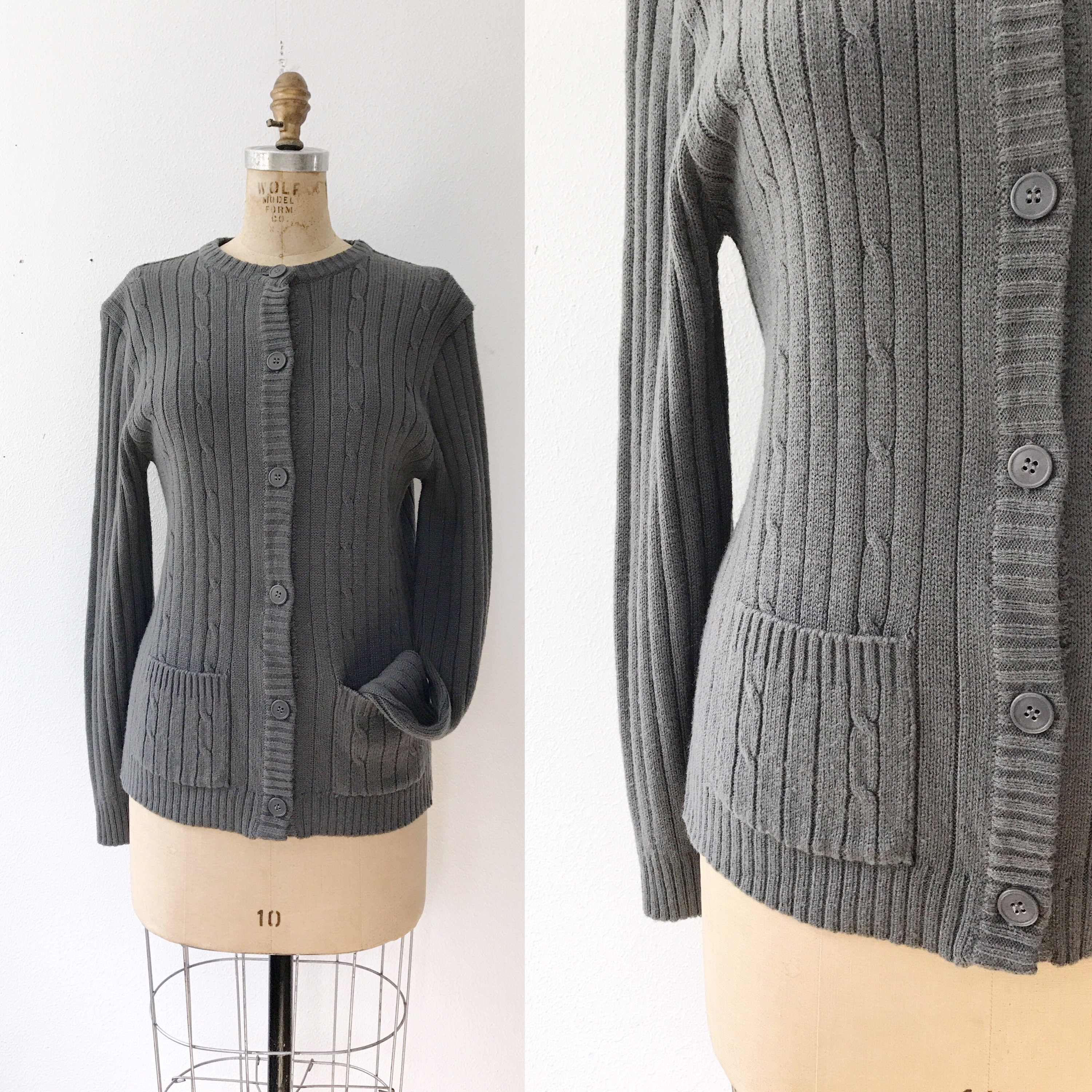 vintage cardigan / gray knit cardigan / vintage ribbed sweater