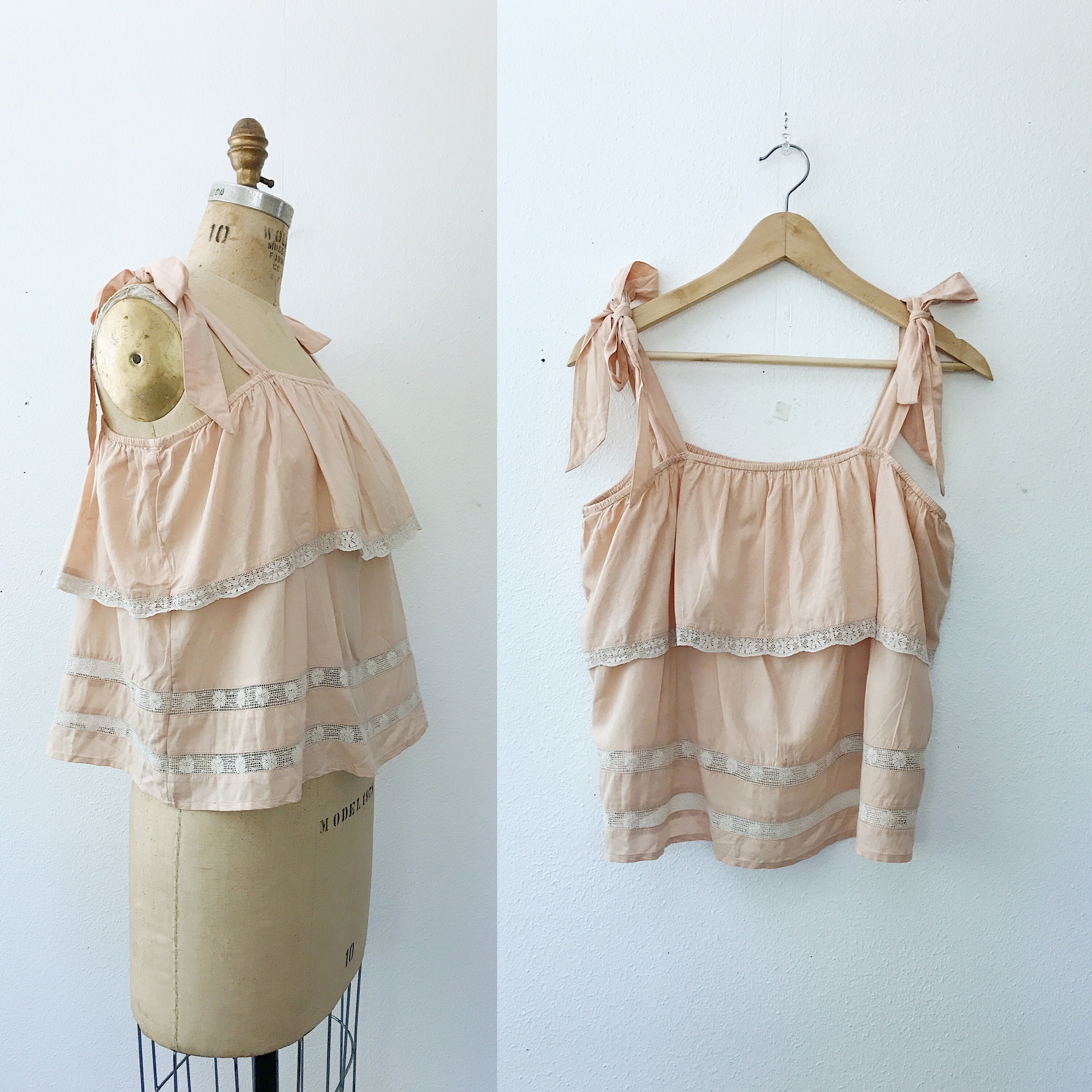 peach Summer blouse / ruffled lace blouse / Shoulder Tie blouse