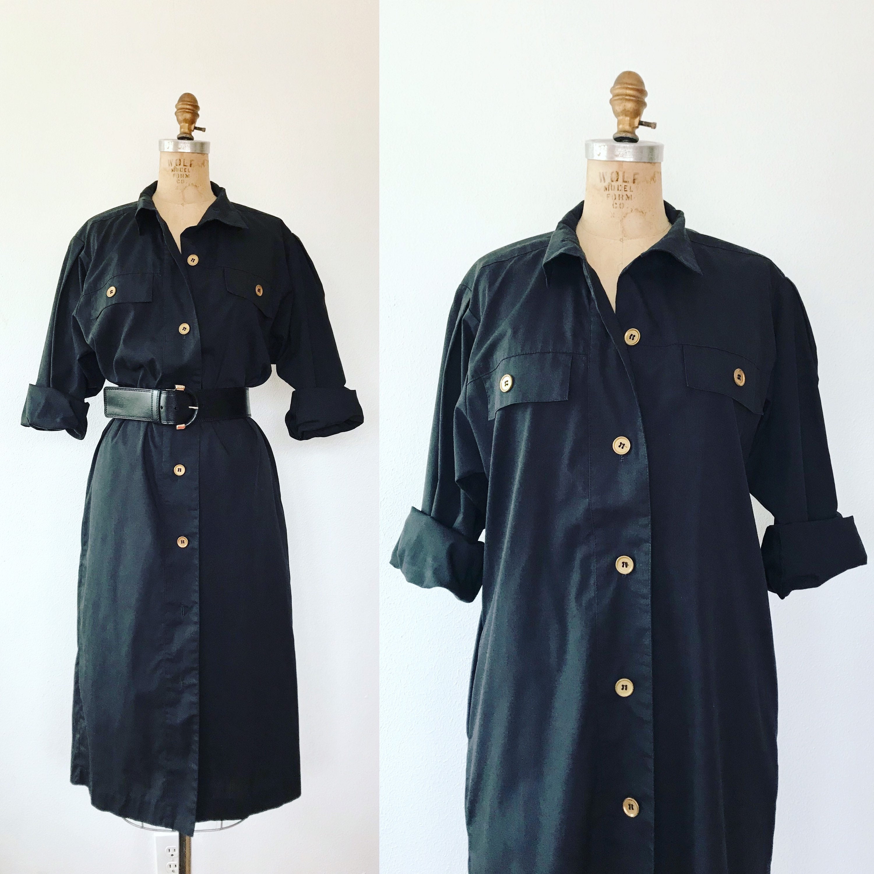 vintage black shirt dress / 70s studio dress / black shirtdress