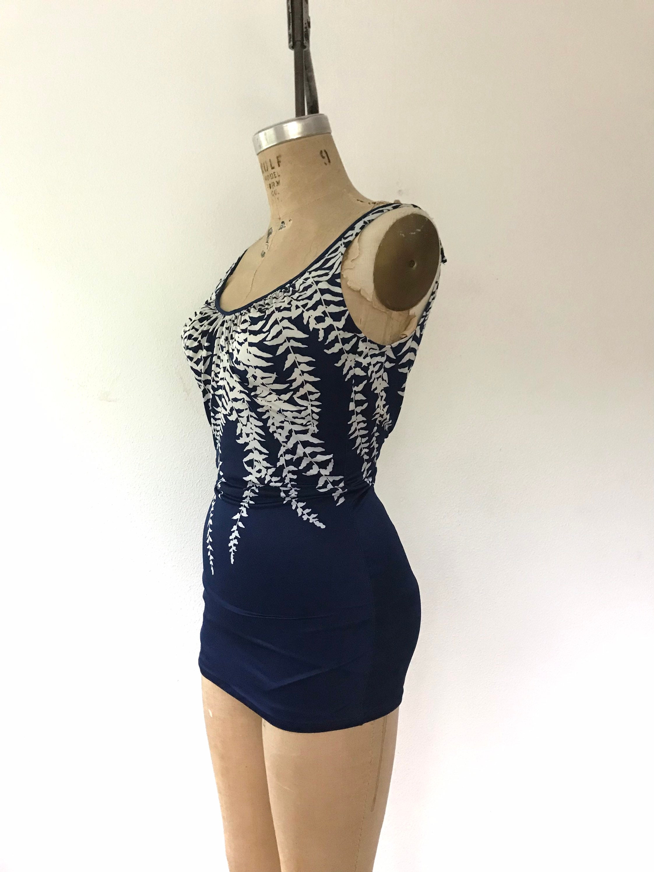 vintage swimsuit / vintage 60s swimwear / Navy Fern Swimsuit