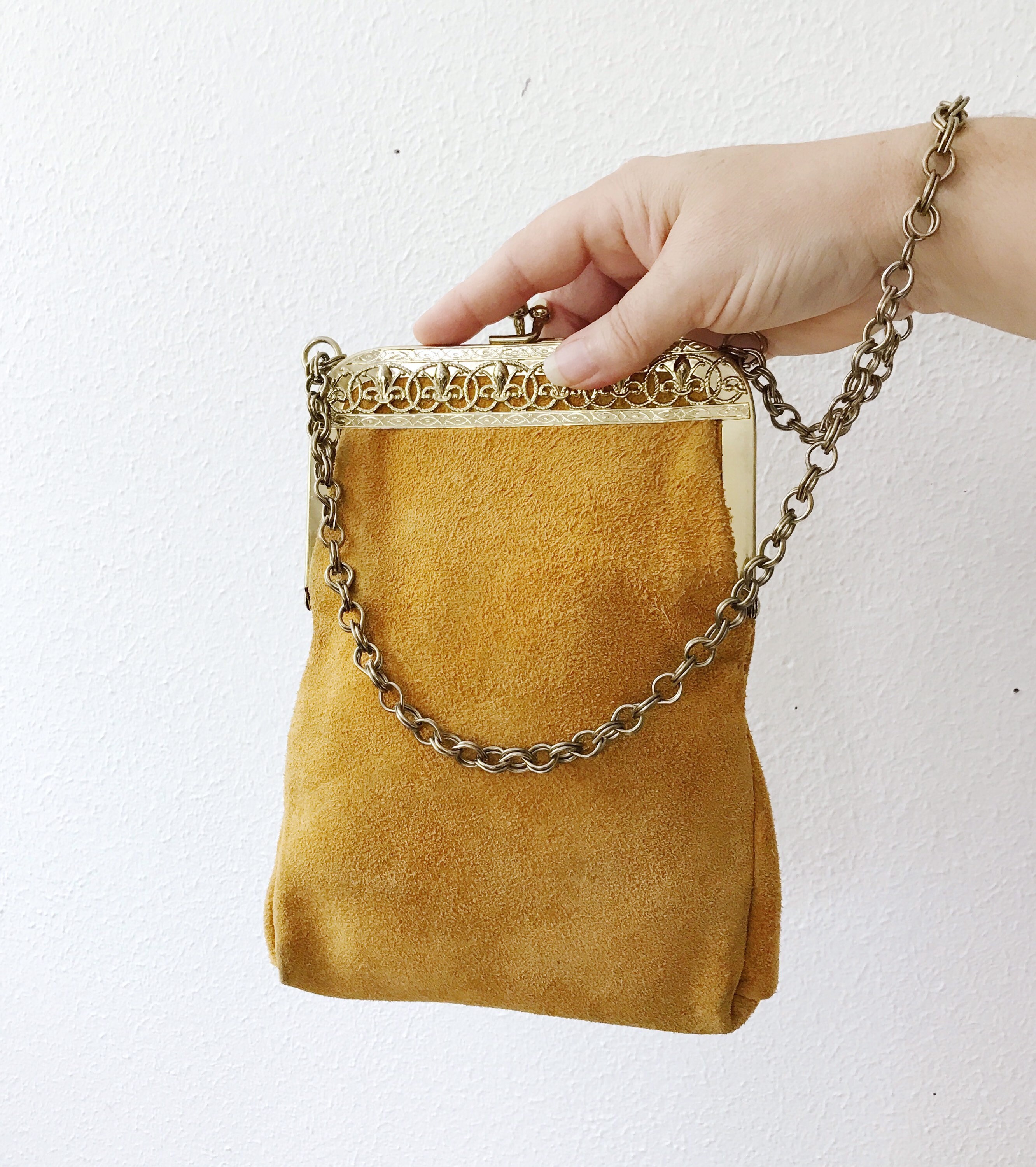 suede evening Bag / 60s handbag / Goldenrod suede purse