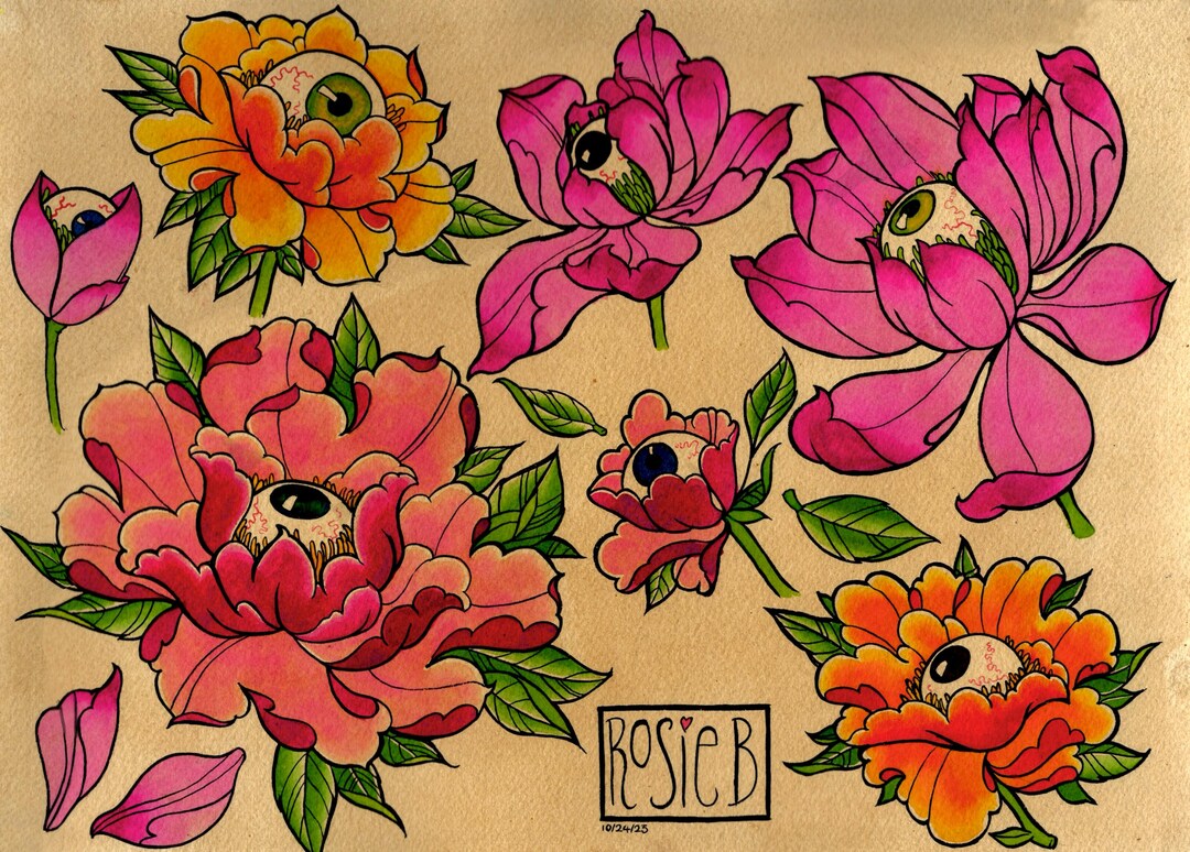 Flowers With Eyes Watercolor Tattoo Flash Art Print - Etsy
