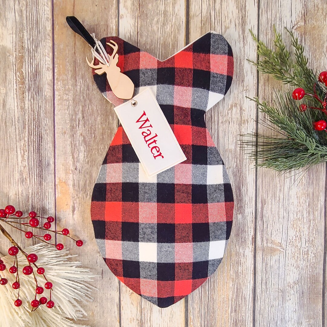 Red, Black, and Ivory Plaid Cat Stocking - Rustic Plaid Fish Shaped ...