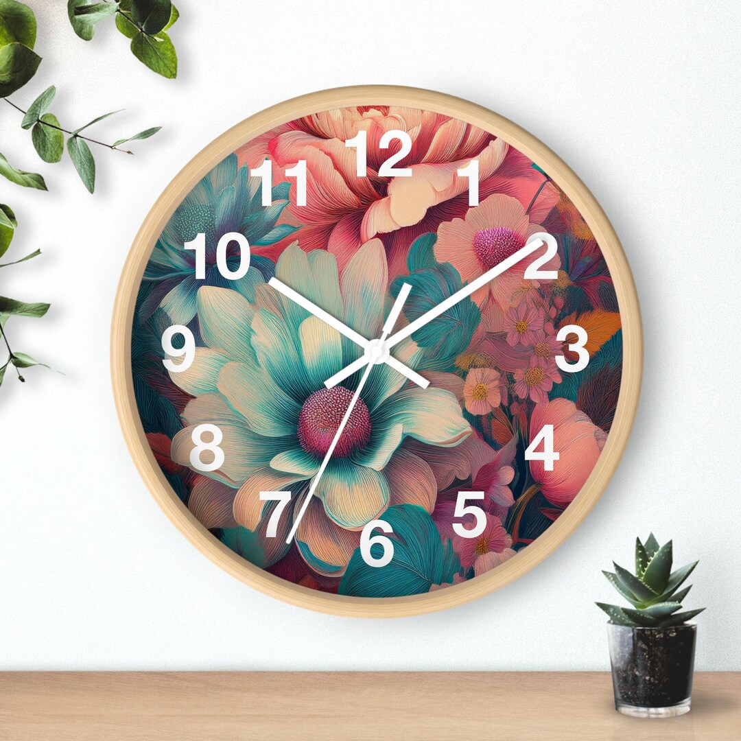 Vintage Flower Wall Clock, Pastel Floral Design Decor, Round Hanging ...