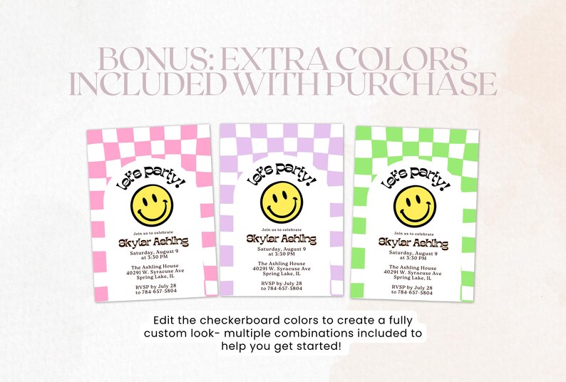 Printable Smiley Face Baby Blue Checkerboard Invite | Happy Face Emoji ...