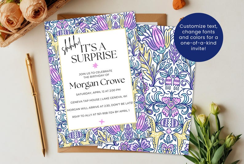 Printable Scandi Folk Art Surprise Birthday Invitation | Editable ...