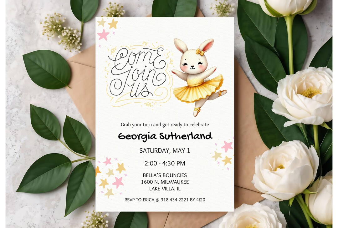 Grab Your Tutu Ballerina Bunny Birthday Invite | Printable Yellow ...