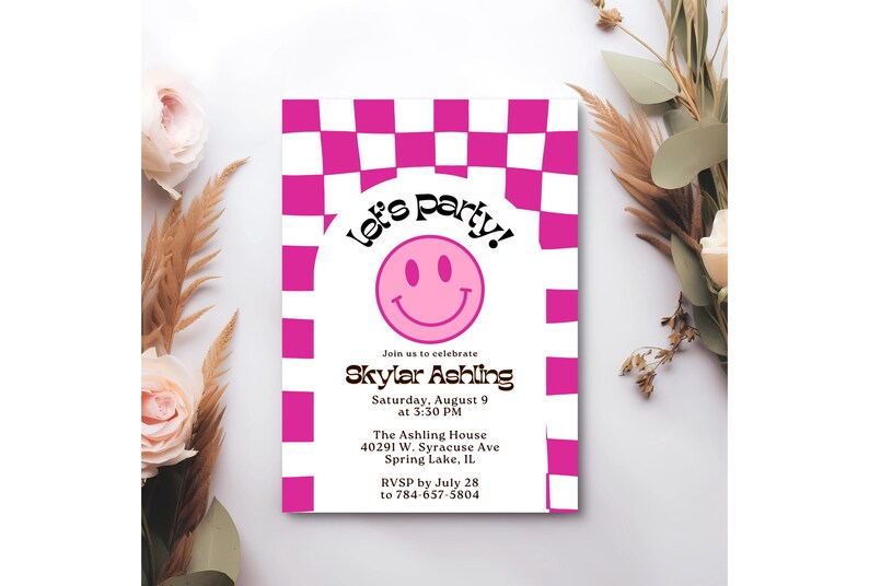Printable Smiley Face Magenta Checkerboard Invite | Happy Face Emoji ...