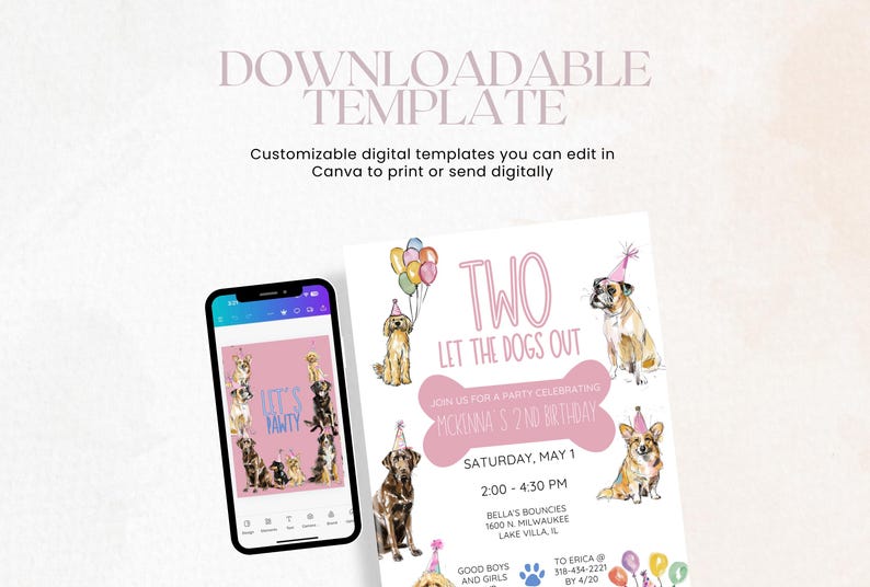 Two Let the Dogs Out | Printable Pink Puppy Birthday Party Invitation ...