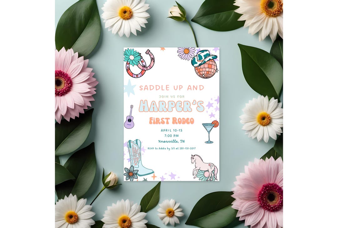 Printable First Rodeo Birthday Invite | First Birthday Giddy up Disco ...