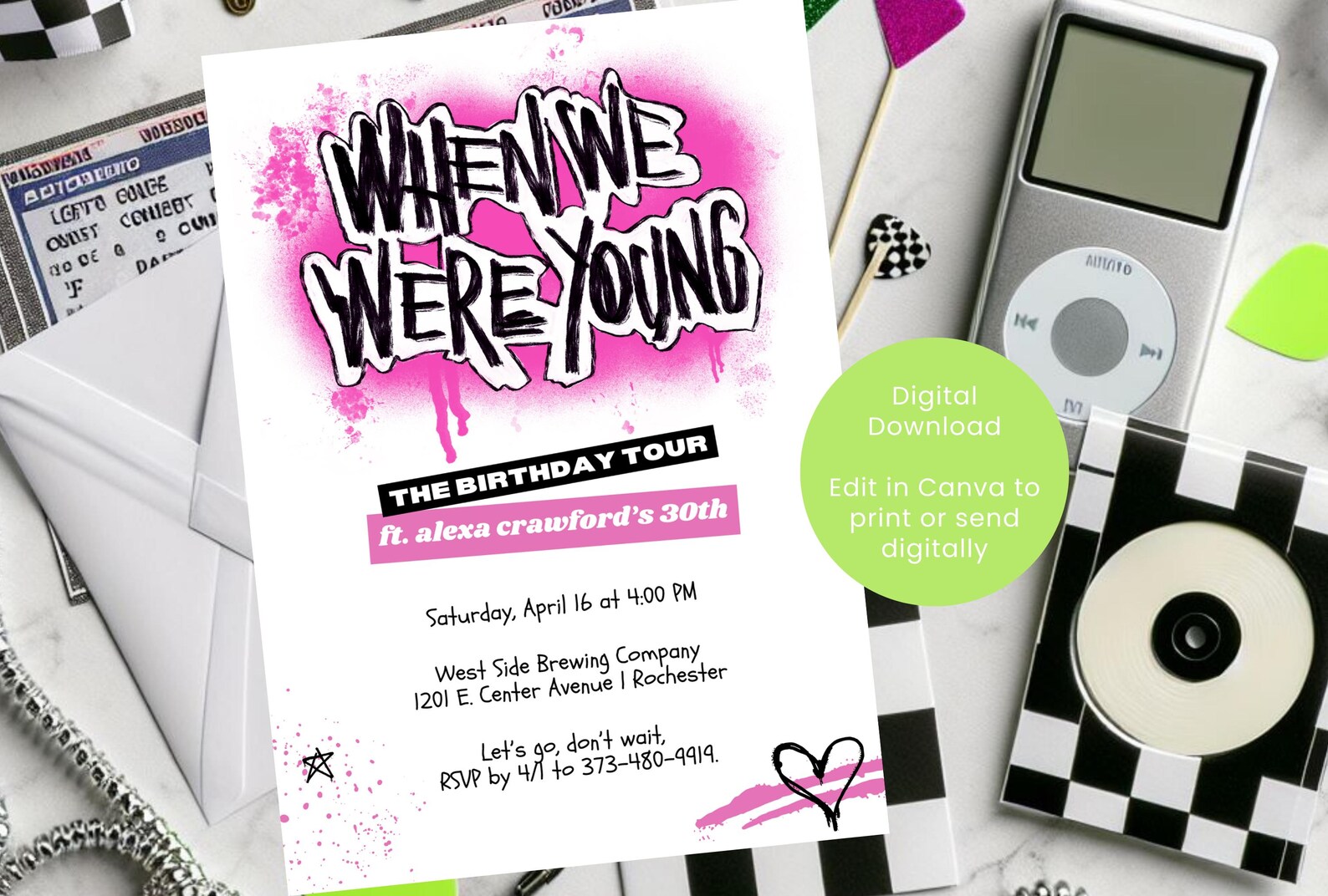 When We Were Young Hot Pink Pop Punk Birthday Invitation | 30th 40th ...